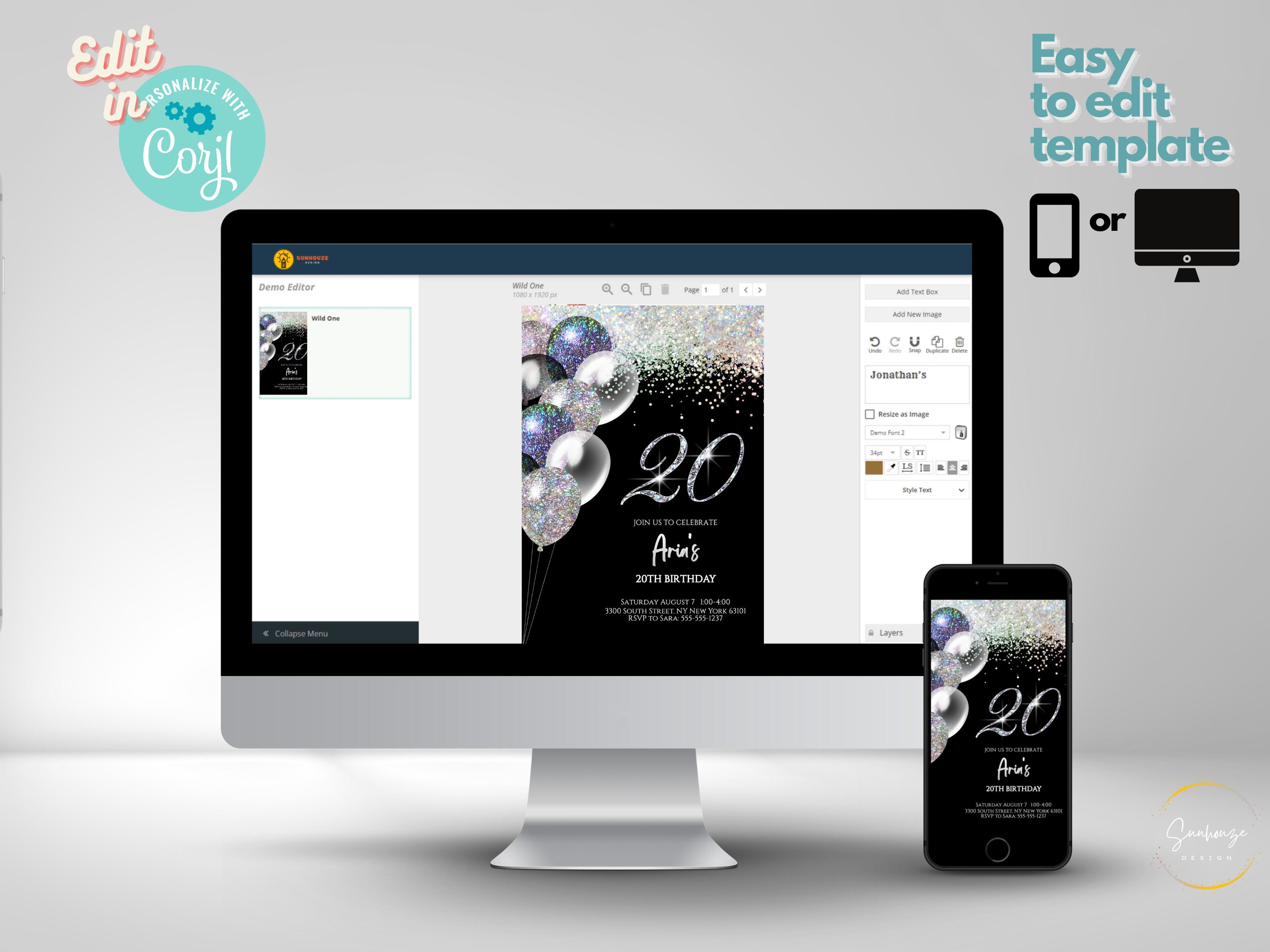 Editable 20th Birthday Invitation Template, Bling Invitation, Blue ...