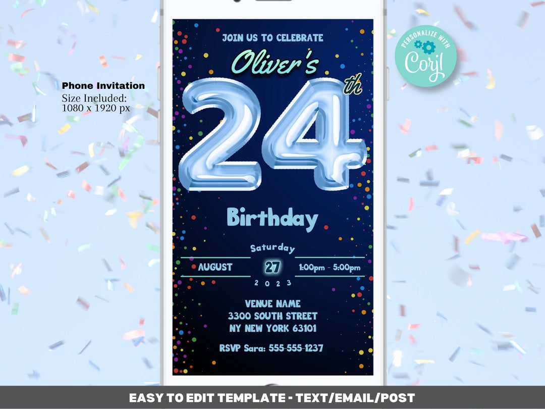 24th Birthday Invitation Template - Editable Template Digital Evite ...