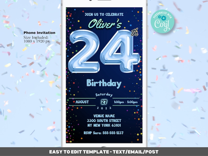 24th Birthday Invitation Template - Editable Template Digital Evite ...