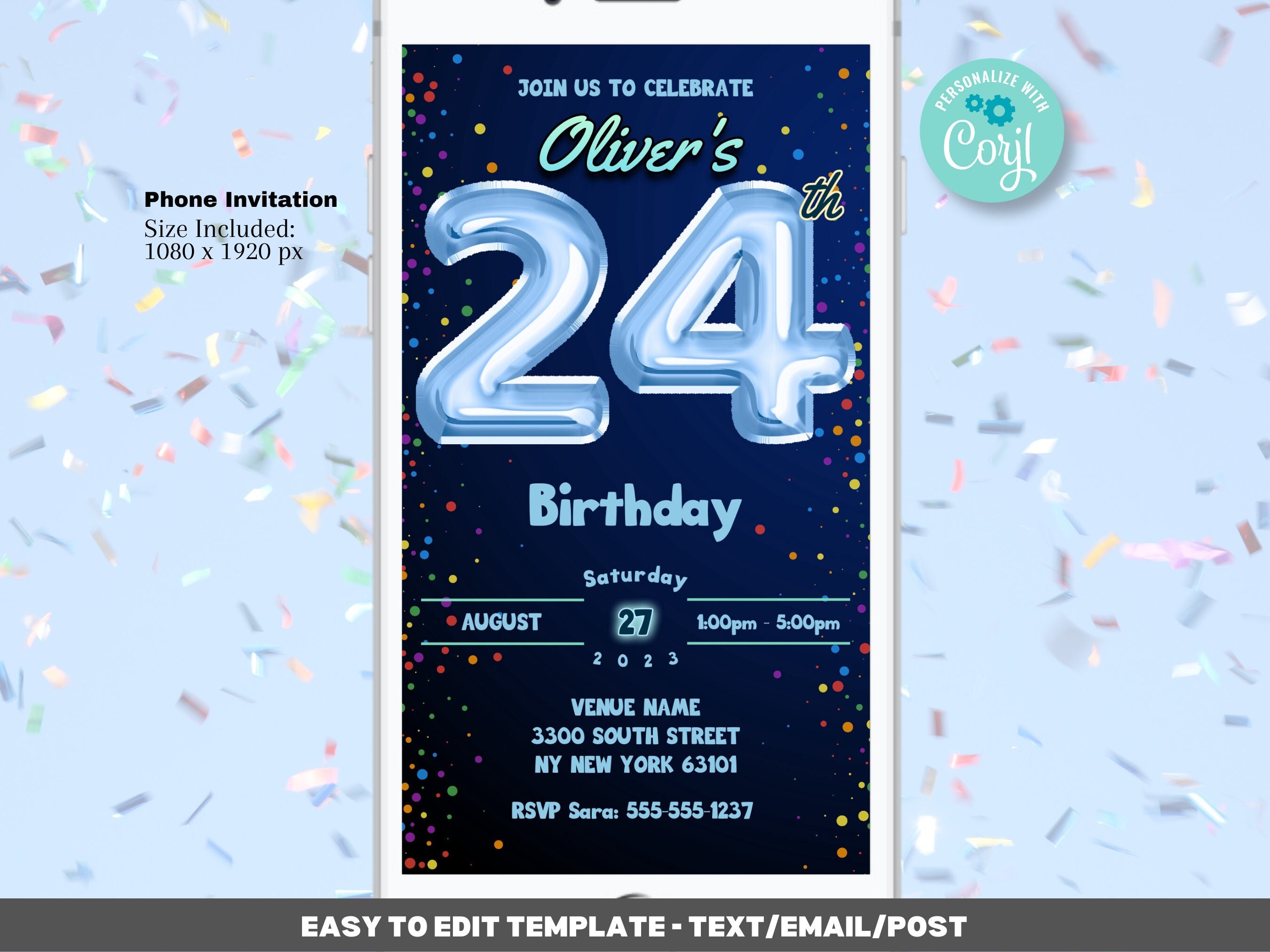 24th Birthday Invitation Template - Editable Template Digital Evite ...