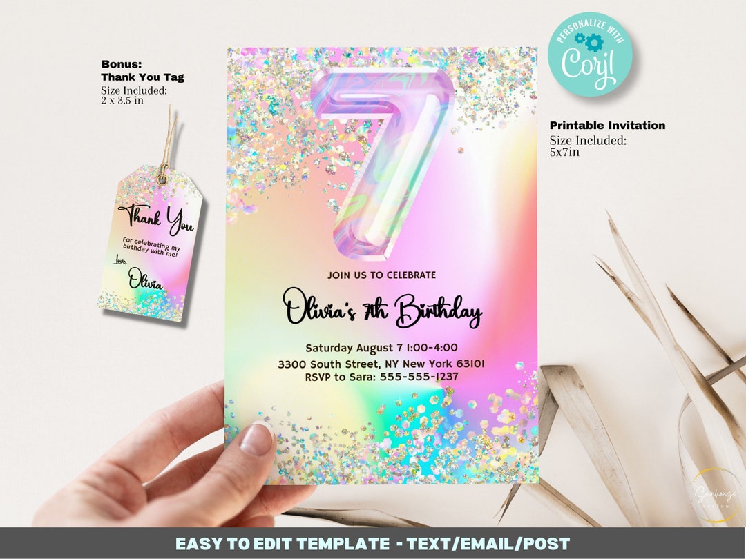 Editable 7th Birthday Invitation Template Printable, Glitter Iridescent ...