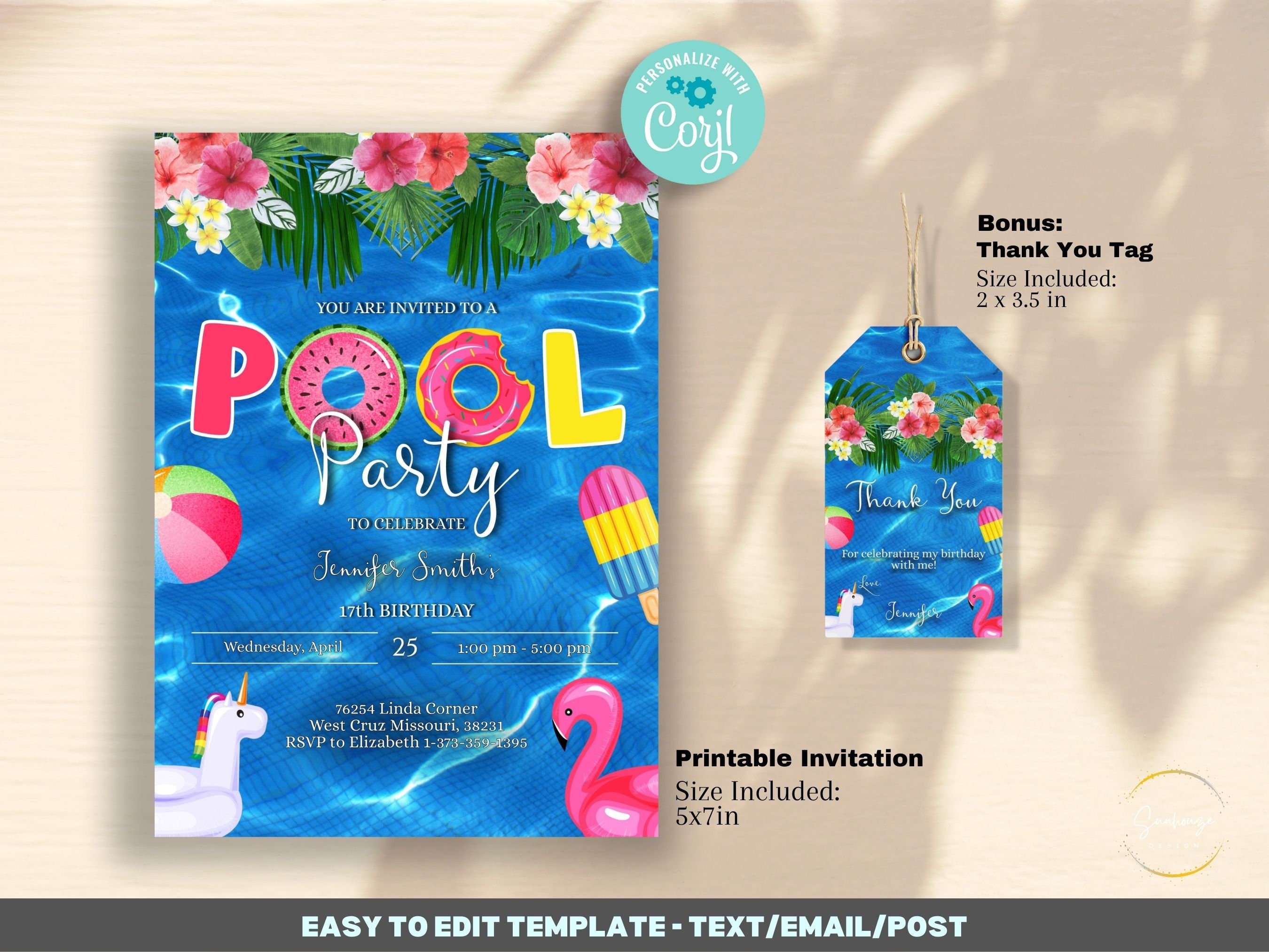 Editable Pool Party Invitation Template Printable 5x7, Splish Splash ...