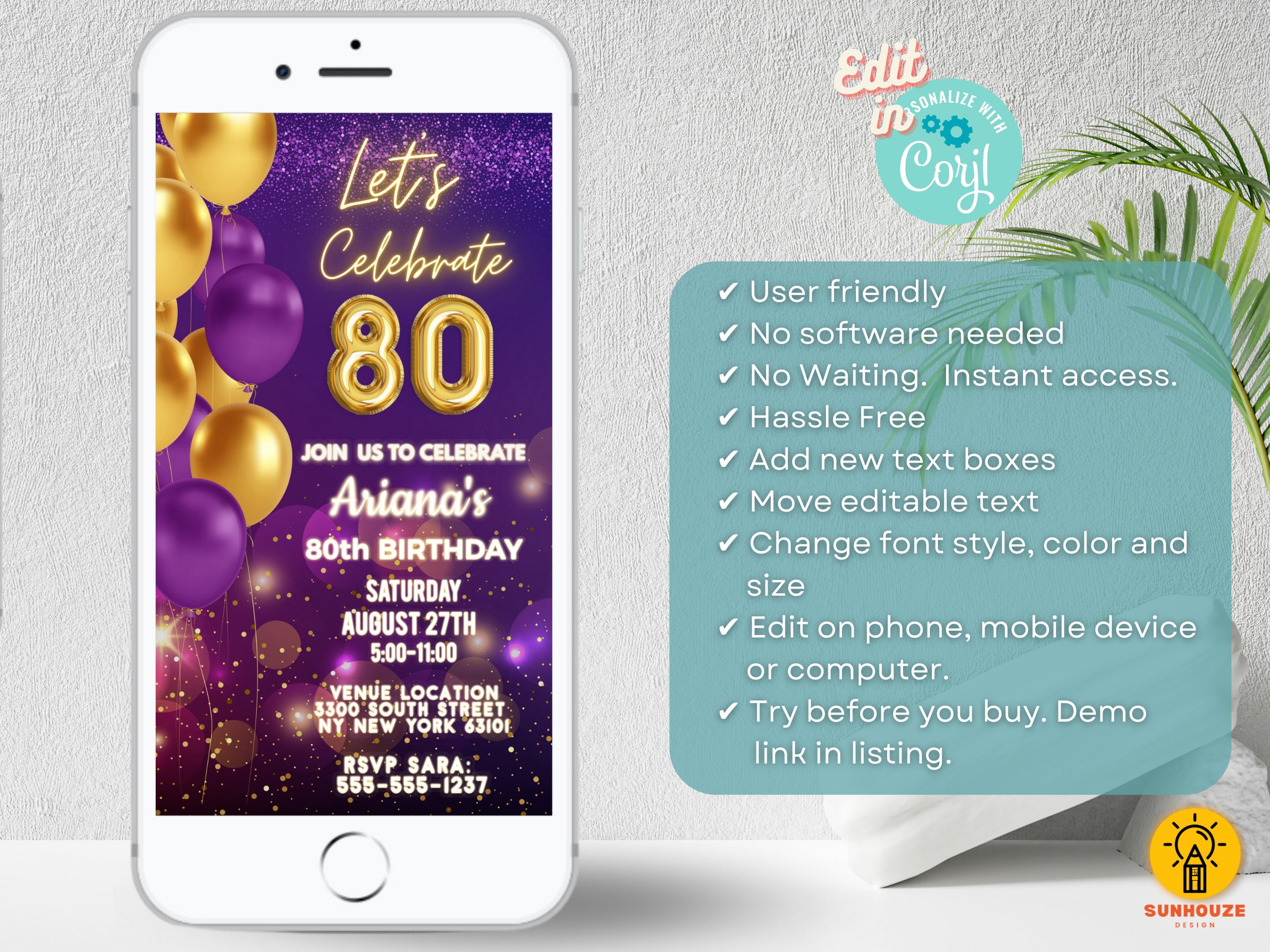 80th Birthday Invitation Template | Digital Invitation Purple Gold ...