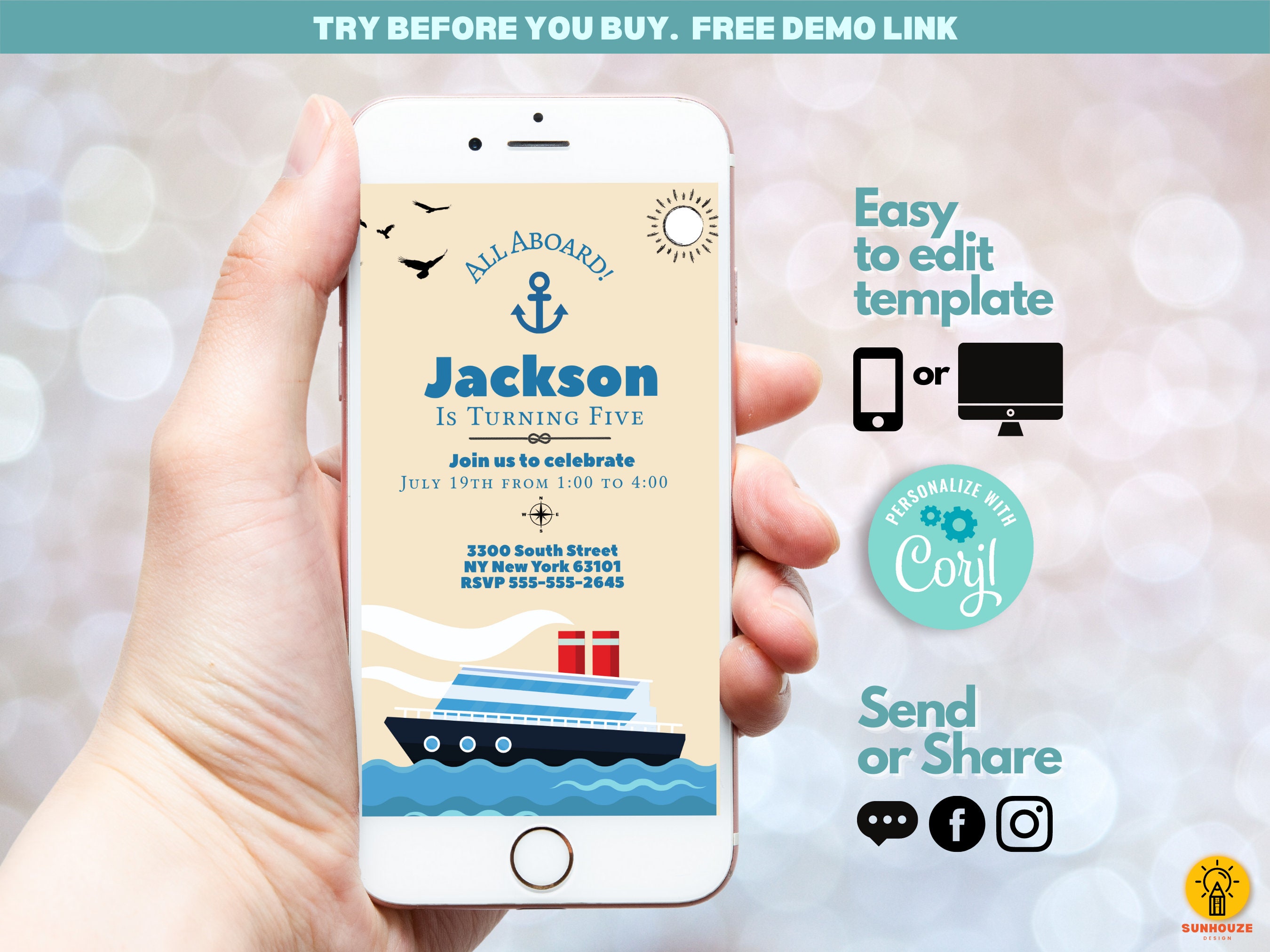 All Aboard Cruise Ship Phone Birthday Party Invitation Template ...