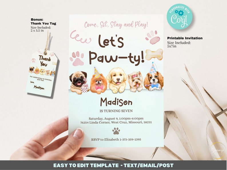Editable Dog Birthday Invitation Template, Dog Birthday Party, Paw-ty ...