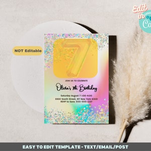 Editable 7th Birthday Invitation Template Printable, Glitter Iridescent ...