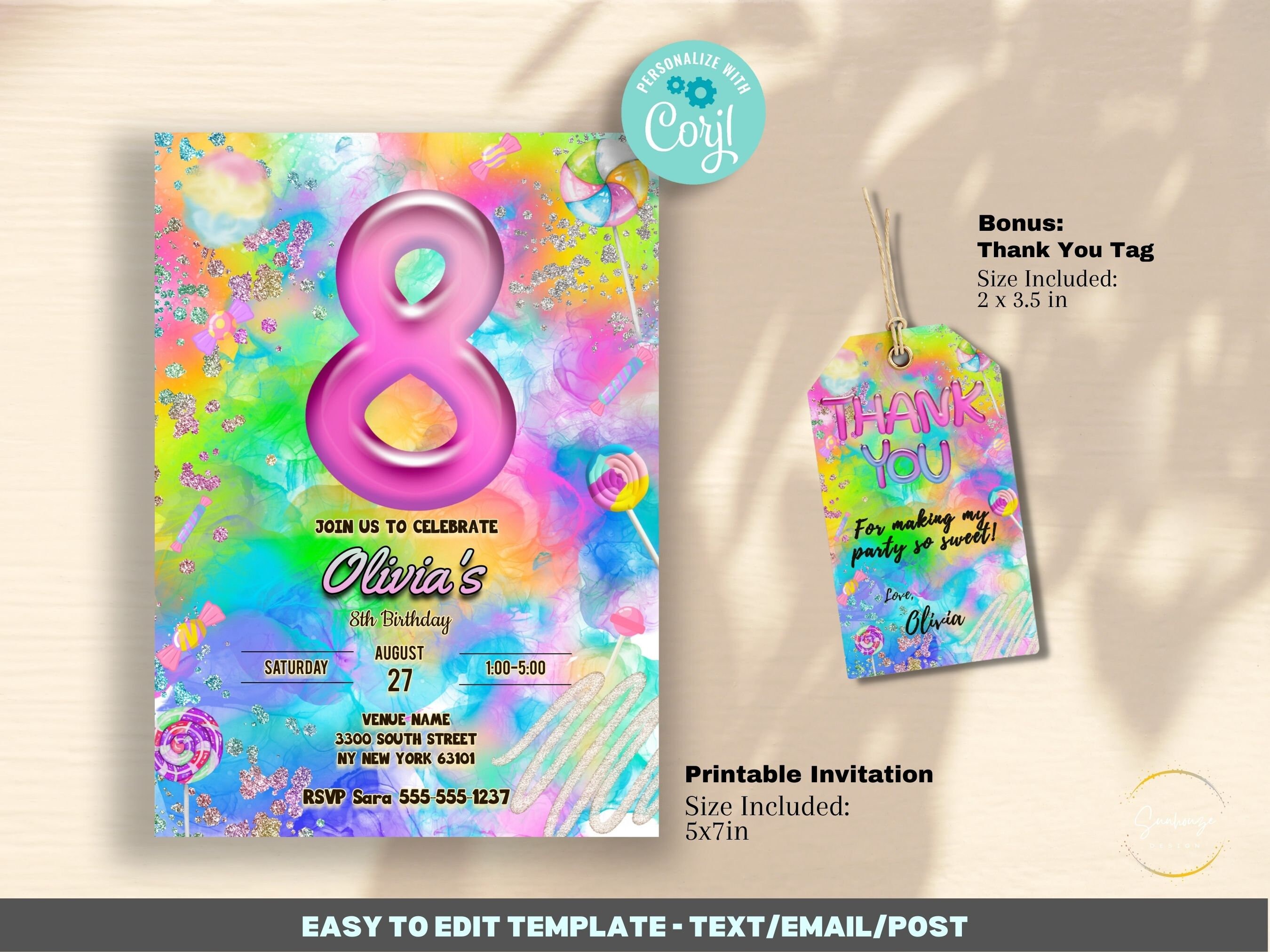 8th Birthday Invitation Template Printable 5x7 Editable Template ...