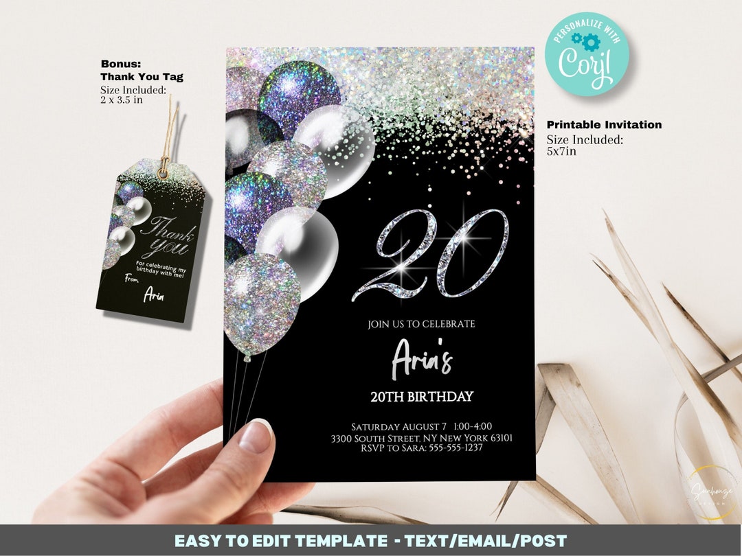 Editable 20th Birthday Invitation Template, Bling Invitation, Blue ...