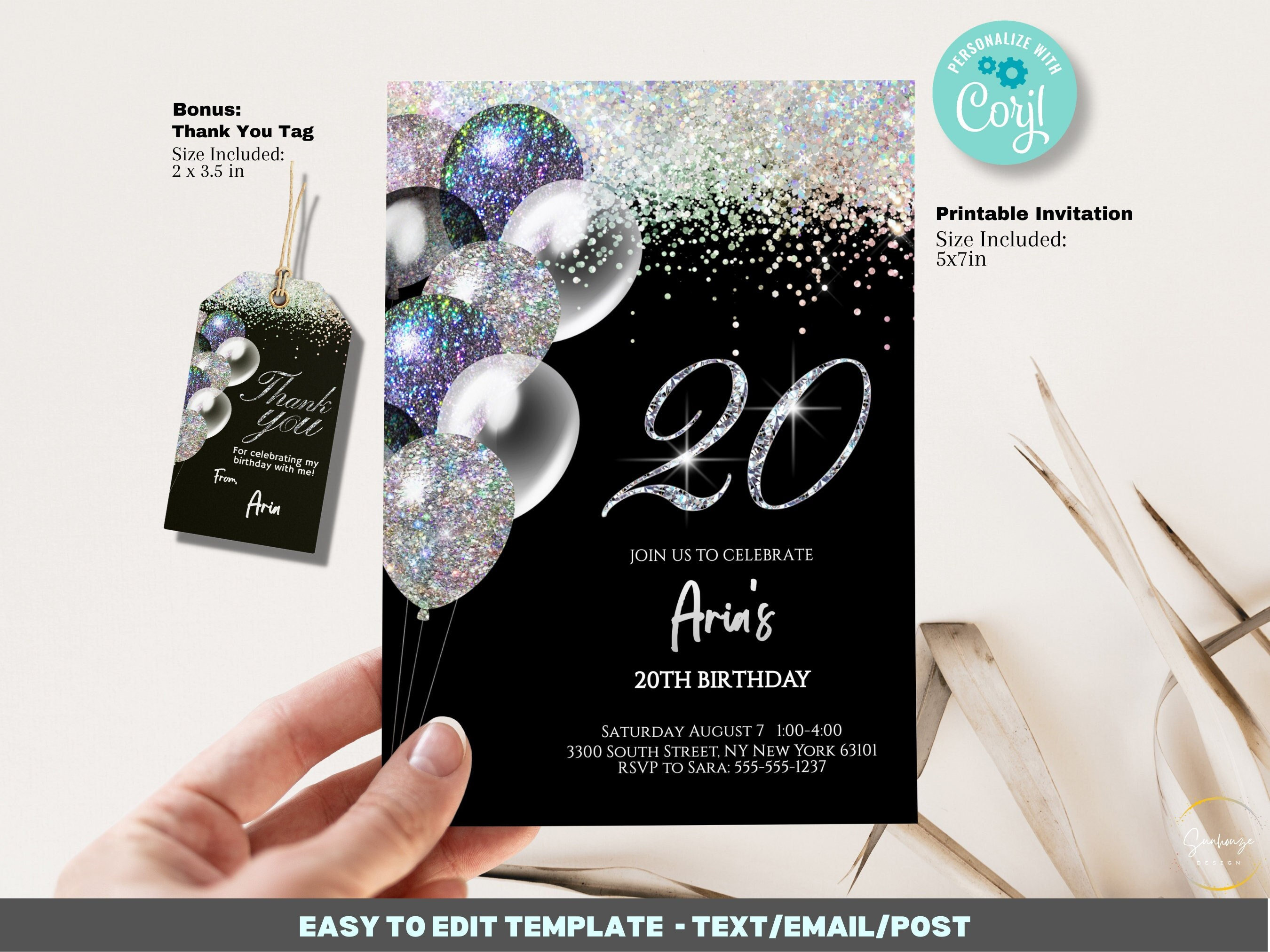 Editable 20th Birthday Invitation Template, Bling Invitation, Blue ...