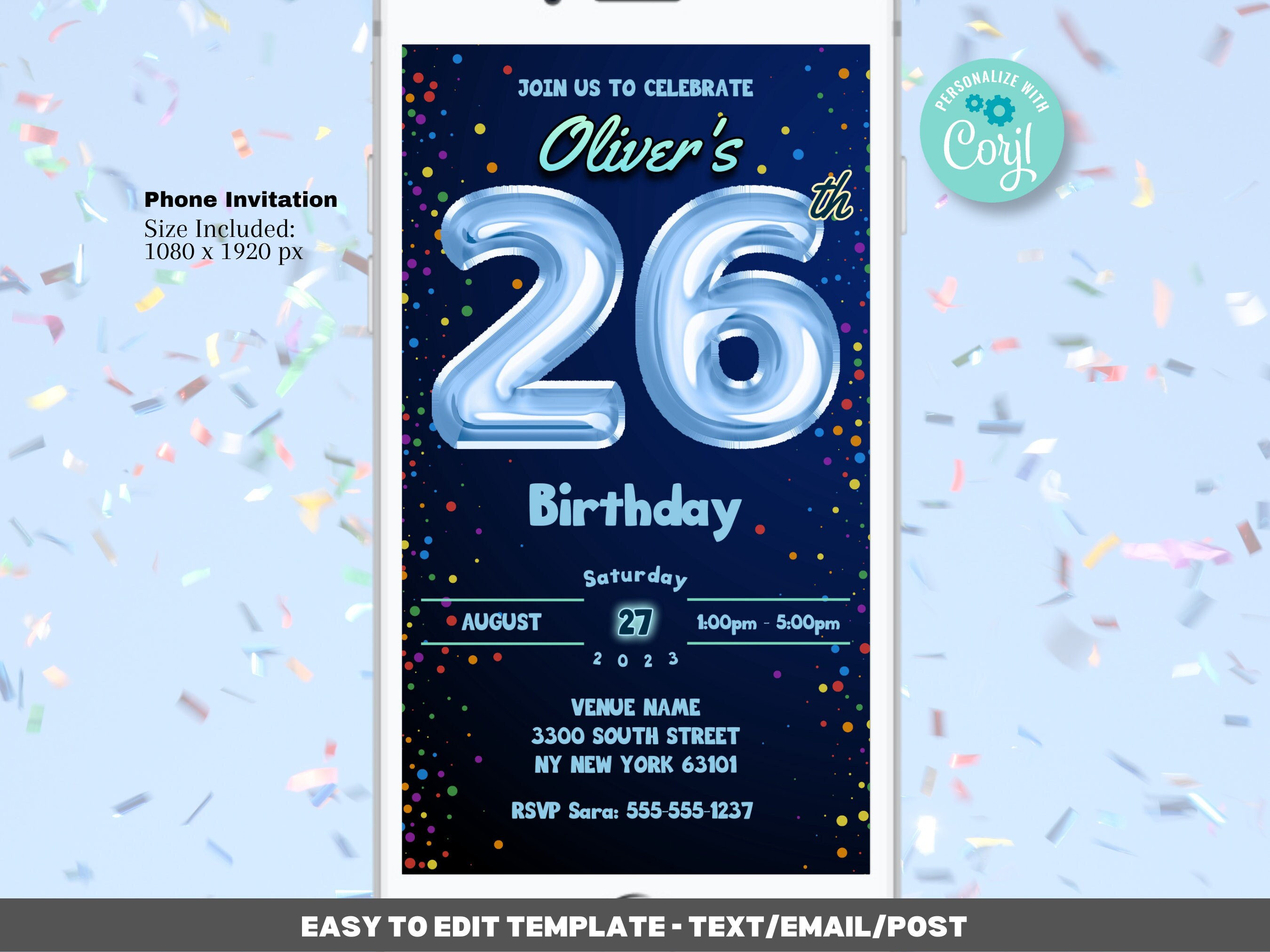 26th Birthday Invitation Template - Editable Template Digital Evite ...
