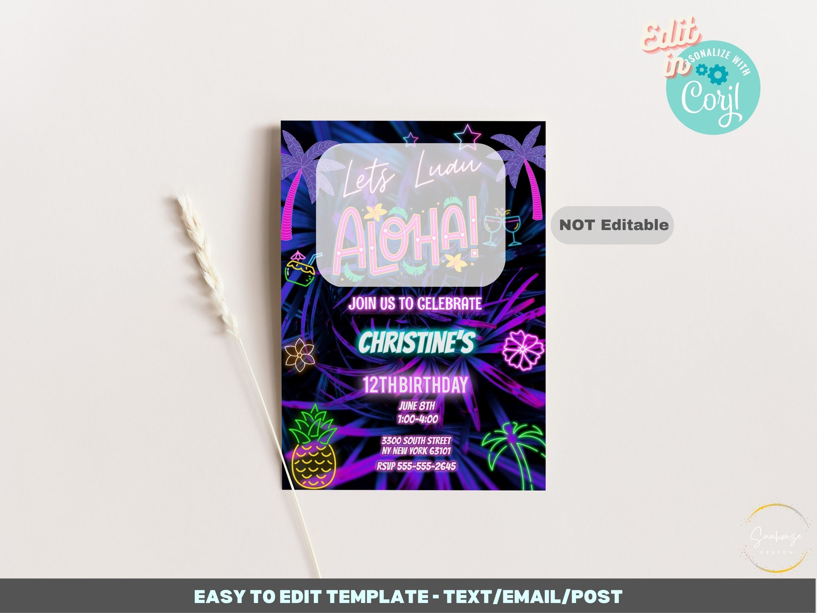 Aloha Invitation Hawaiian Invitation Invitation Template Neon - Etsy