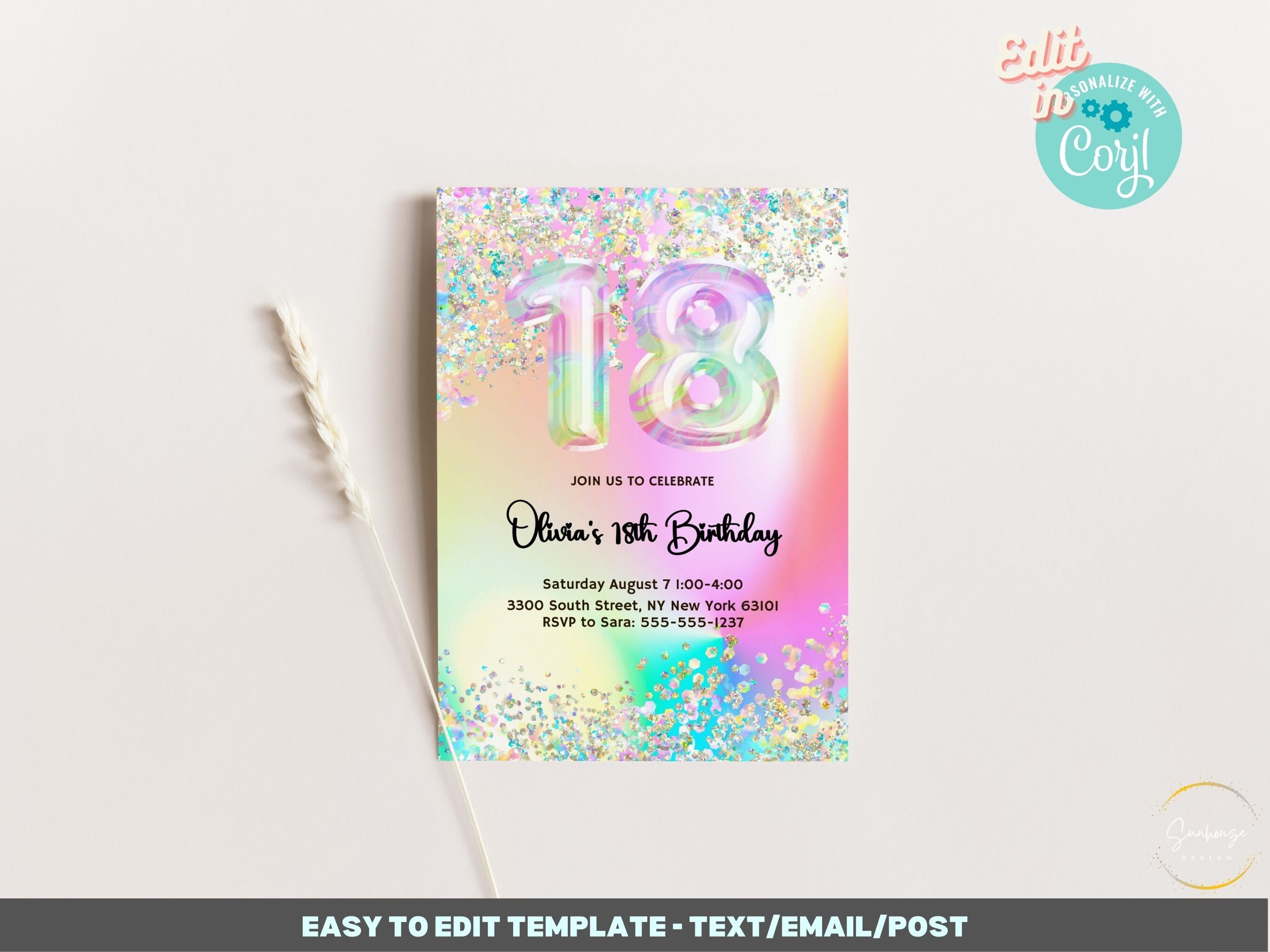 Editable 18th Birthday Invitation Template Printable, Glitter ...
