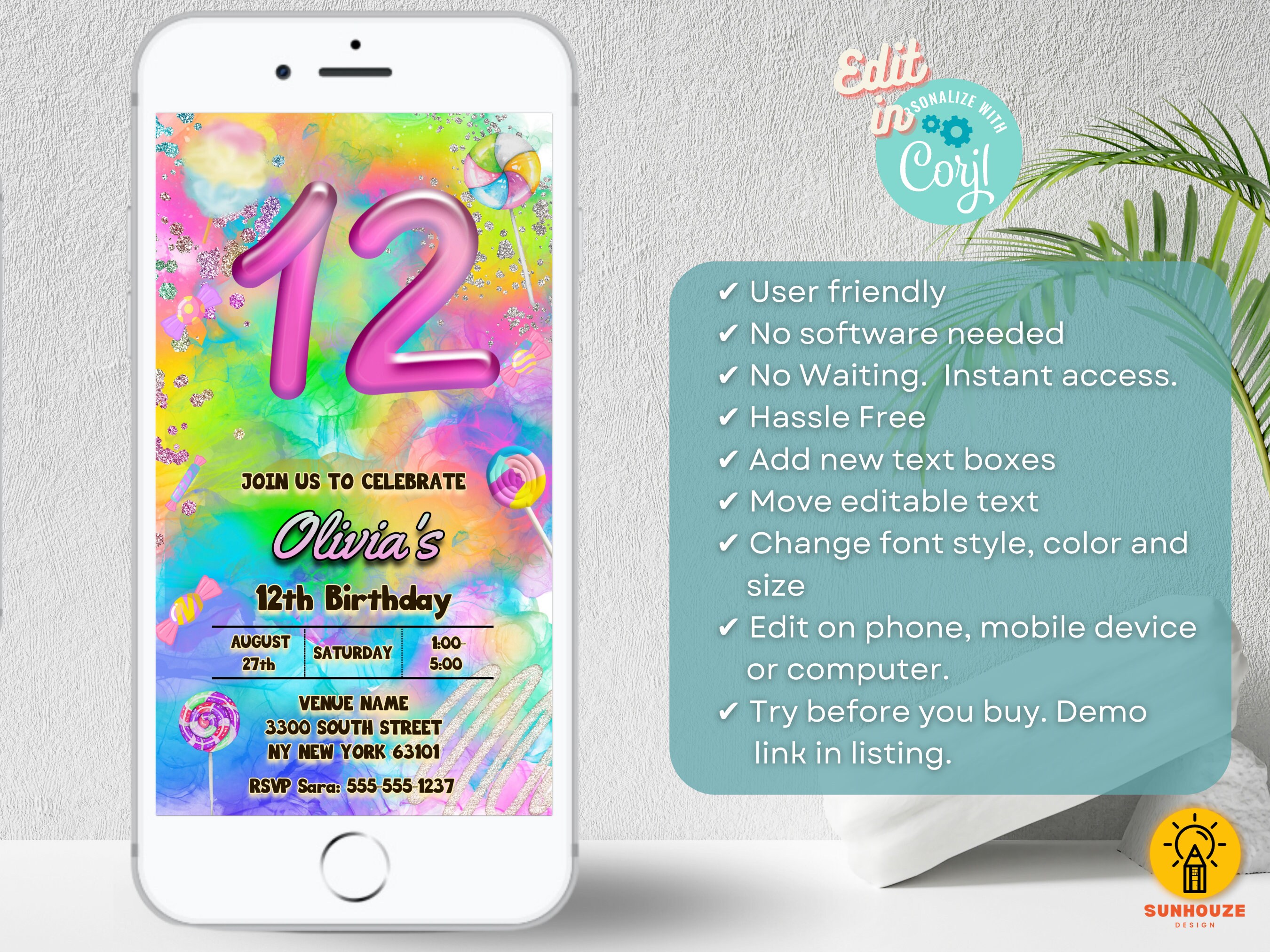 12th Birthday Invitation Template - Editable Template Digital Evite ...