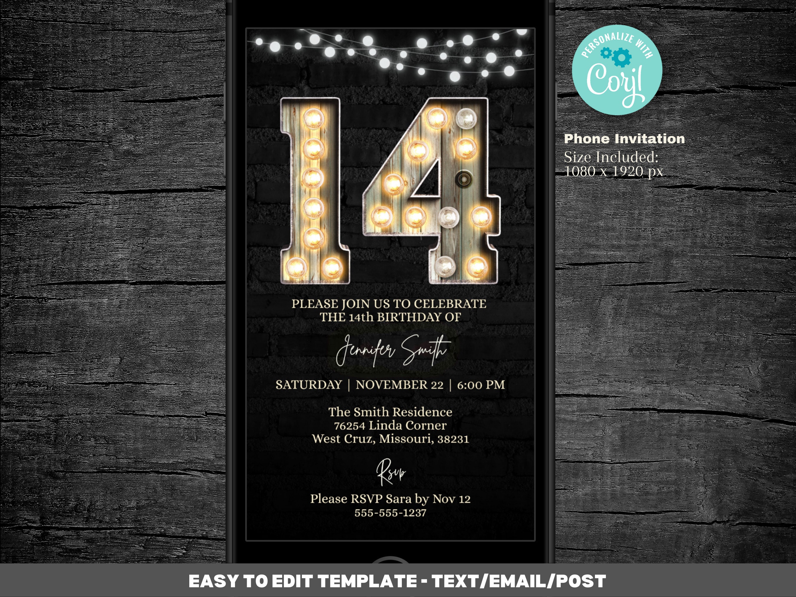 Editable 14th Birthday Invitation Template Wood Marquee Lights - Etsy Editable 14th Birthday Invitation Template Wood Marquee Lights - Etsy