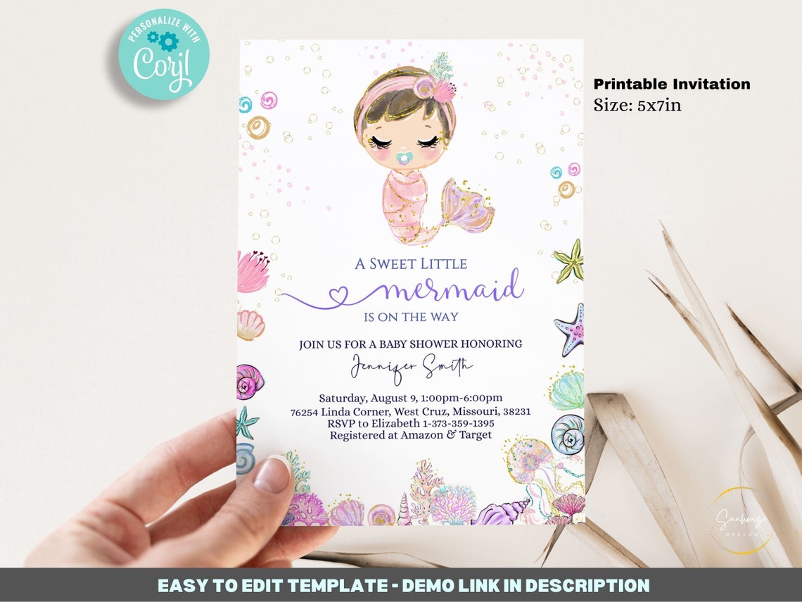 Editable Mermaid Baby Shower Invitation Template BUNDLE, Mermaid Baby ...