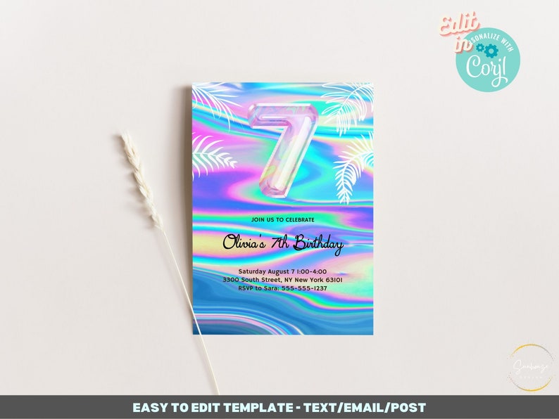 Editable 7th Birthday Invitation Template Printable Glitter - Etsy