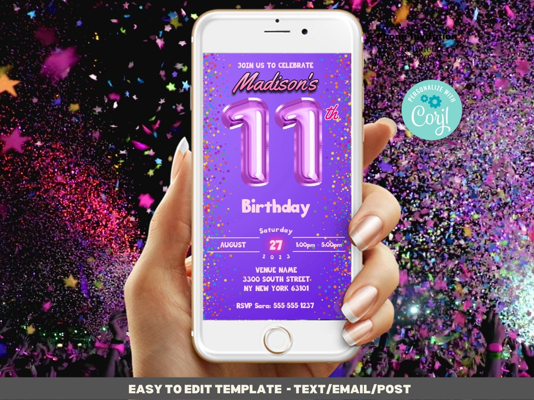 11th Birthday Invitation Template - Editable Template Digital Evite ...