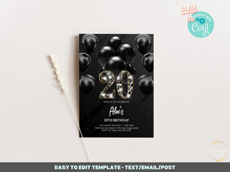 Editable 20th Birthday Invitation Template, Bling Invitation, Black ...