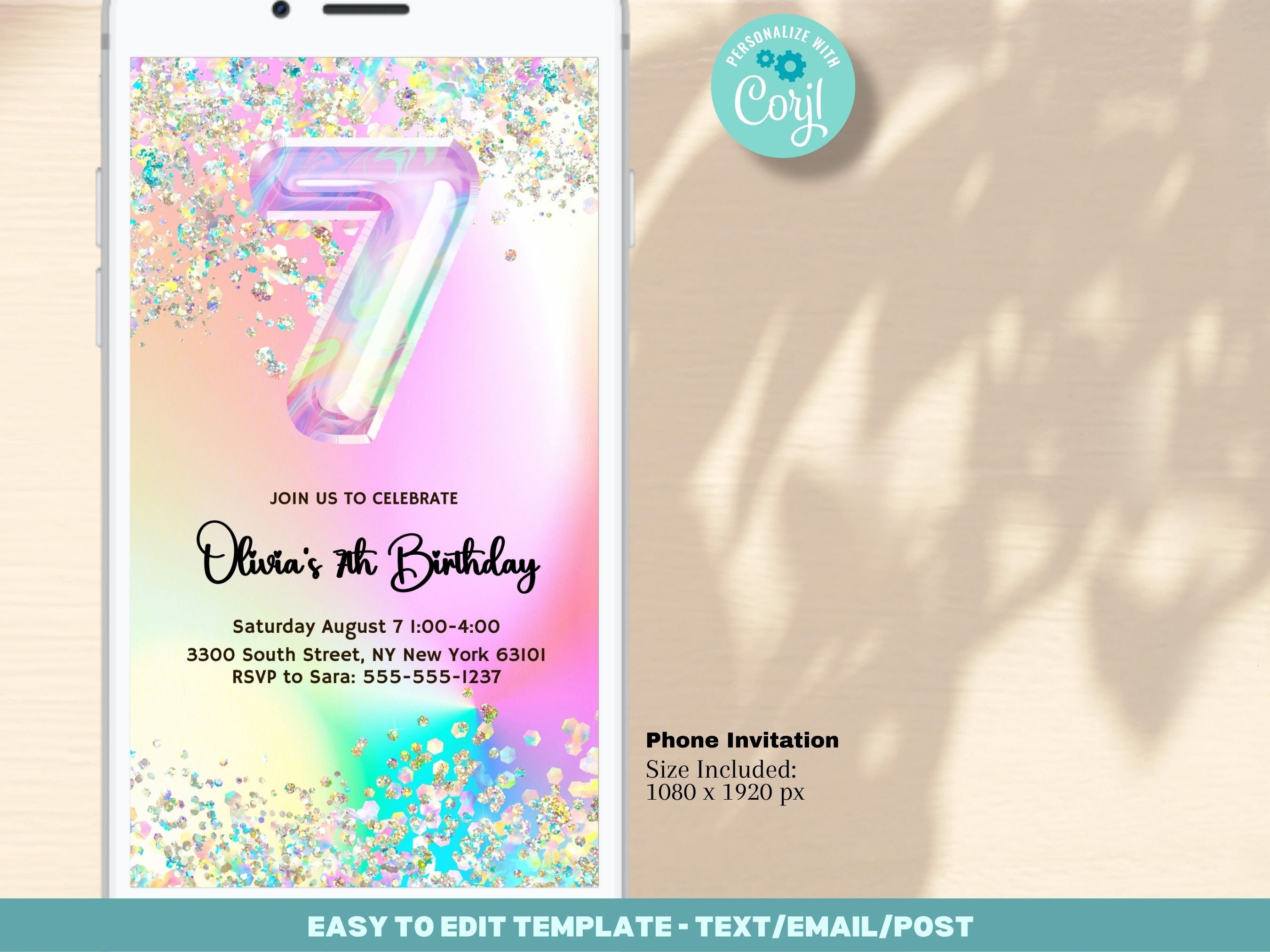 Editable 7th Birthday Invitation Template, Glitter Iridescent ...