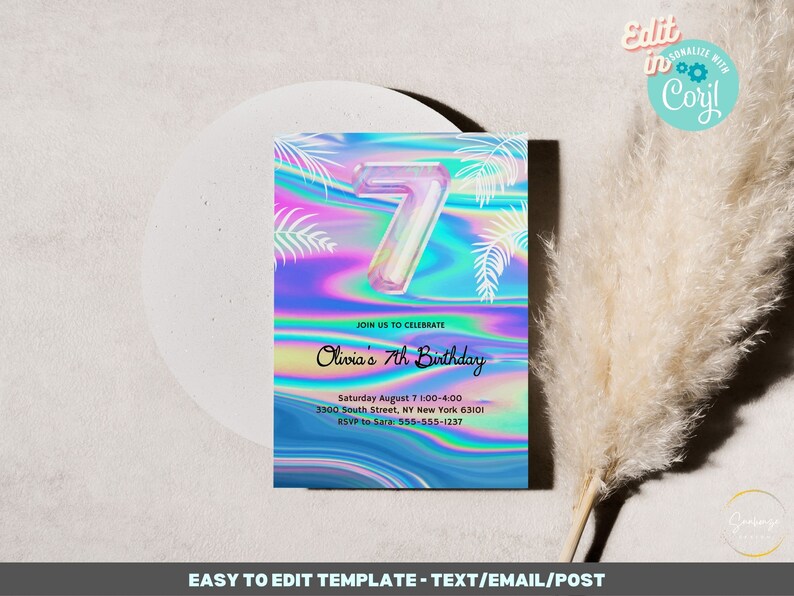 Editable 7th Birthday Invitation Template Printable Glitter - Etsy