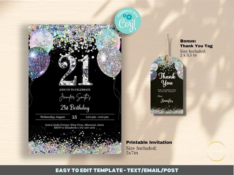 Editable 21st Birthday Invitation Template, Bling Invitation ...