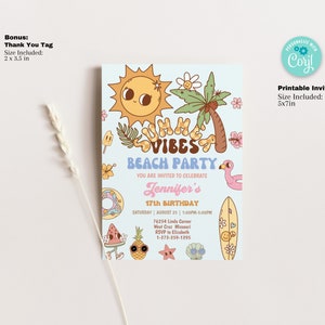 Editable Groovy Beach Party Invitation Template Printable 5x7, Pool ...