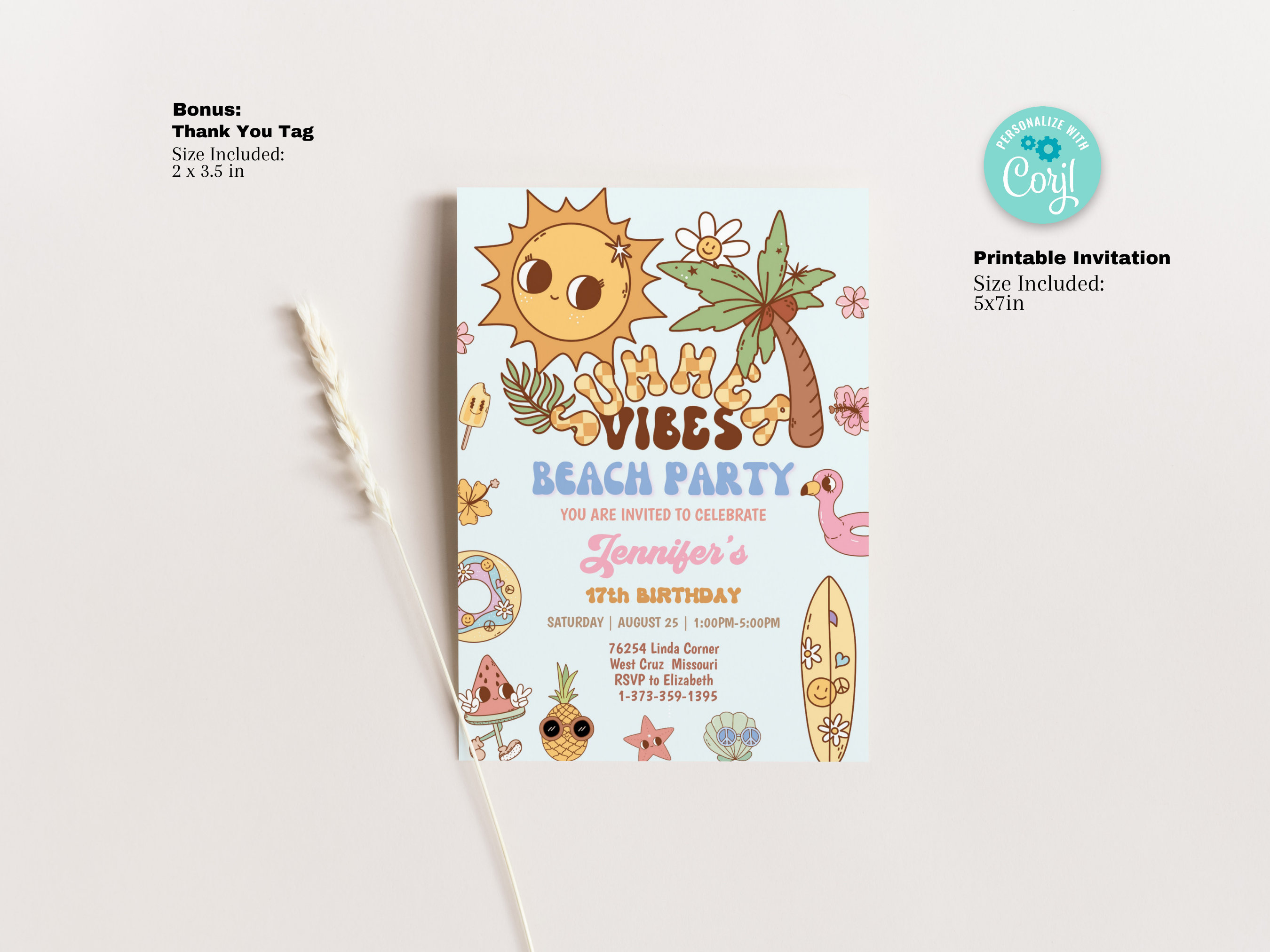 Editable Groovy Beach Party Invitation Template Printable 5x7, Pool ...