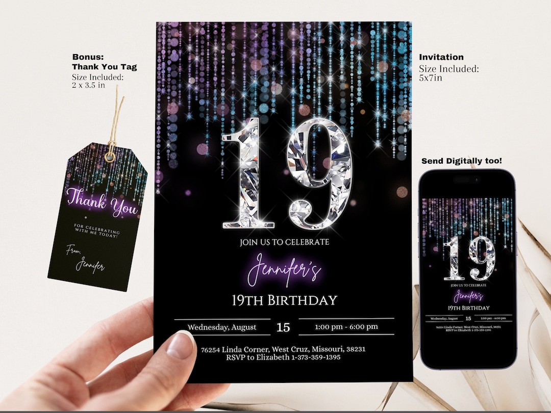 Editable 19th Birthday Invitation Template, Diamond Glitter Invitation ...