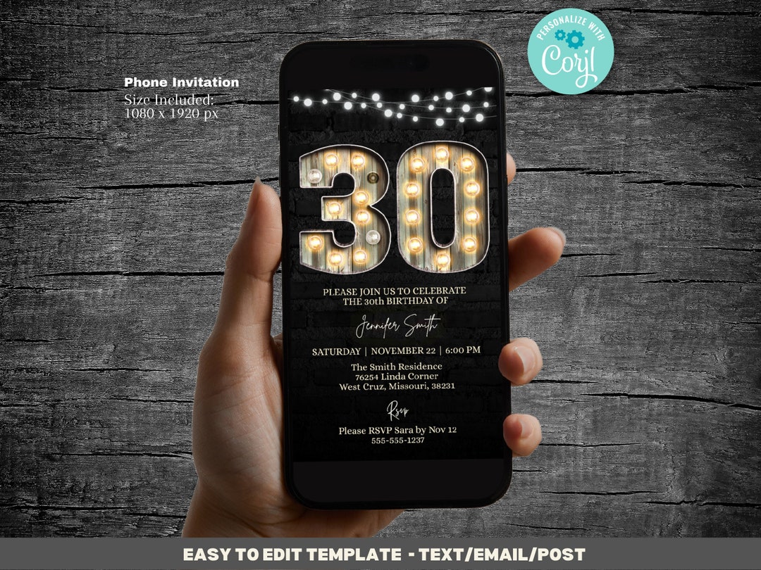 Editable 30th Birthday Invitation Template Wood Marquee Lights Send on ...