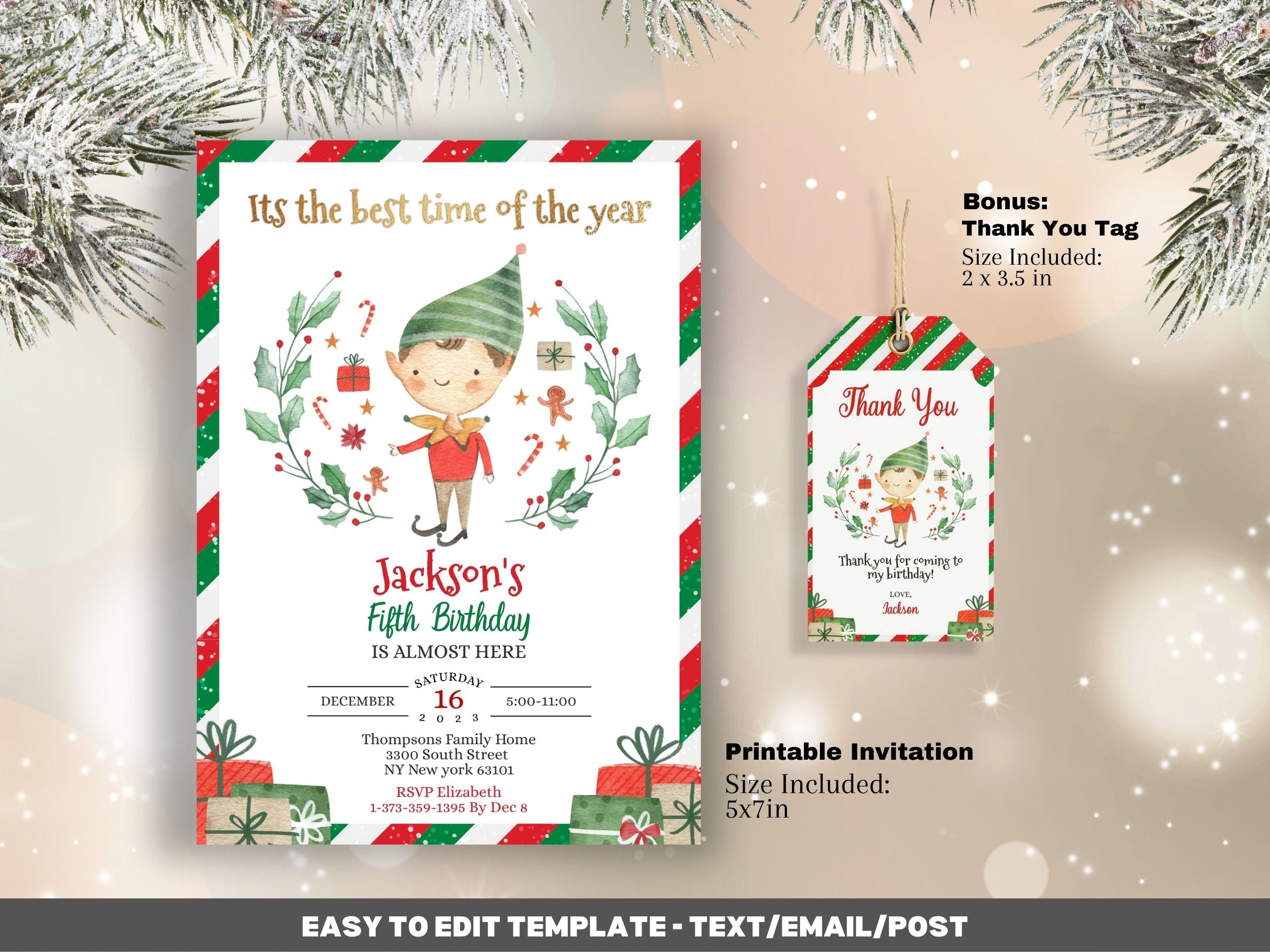 Editable Elf Birthday Invitation Template: Winter Party, Thank You Tag ...