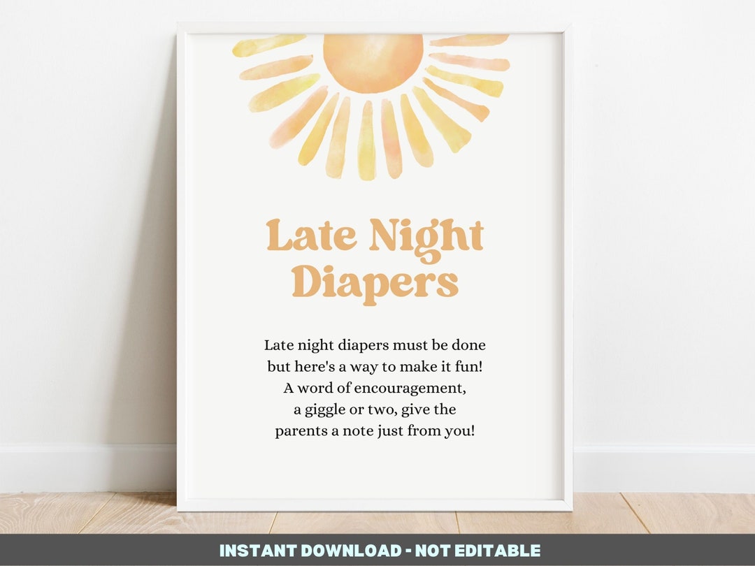 Retro Sun Late Night Diapers Sign - Here Comes the Son Baby Shower ...