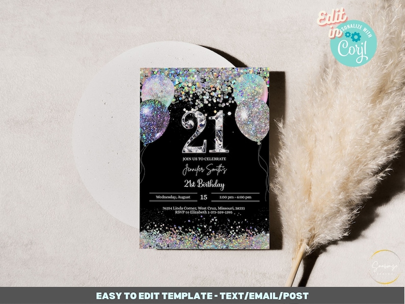 Editable 21st Birthday Invitation Template, Bling Invitation ...