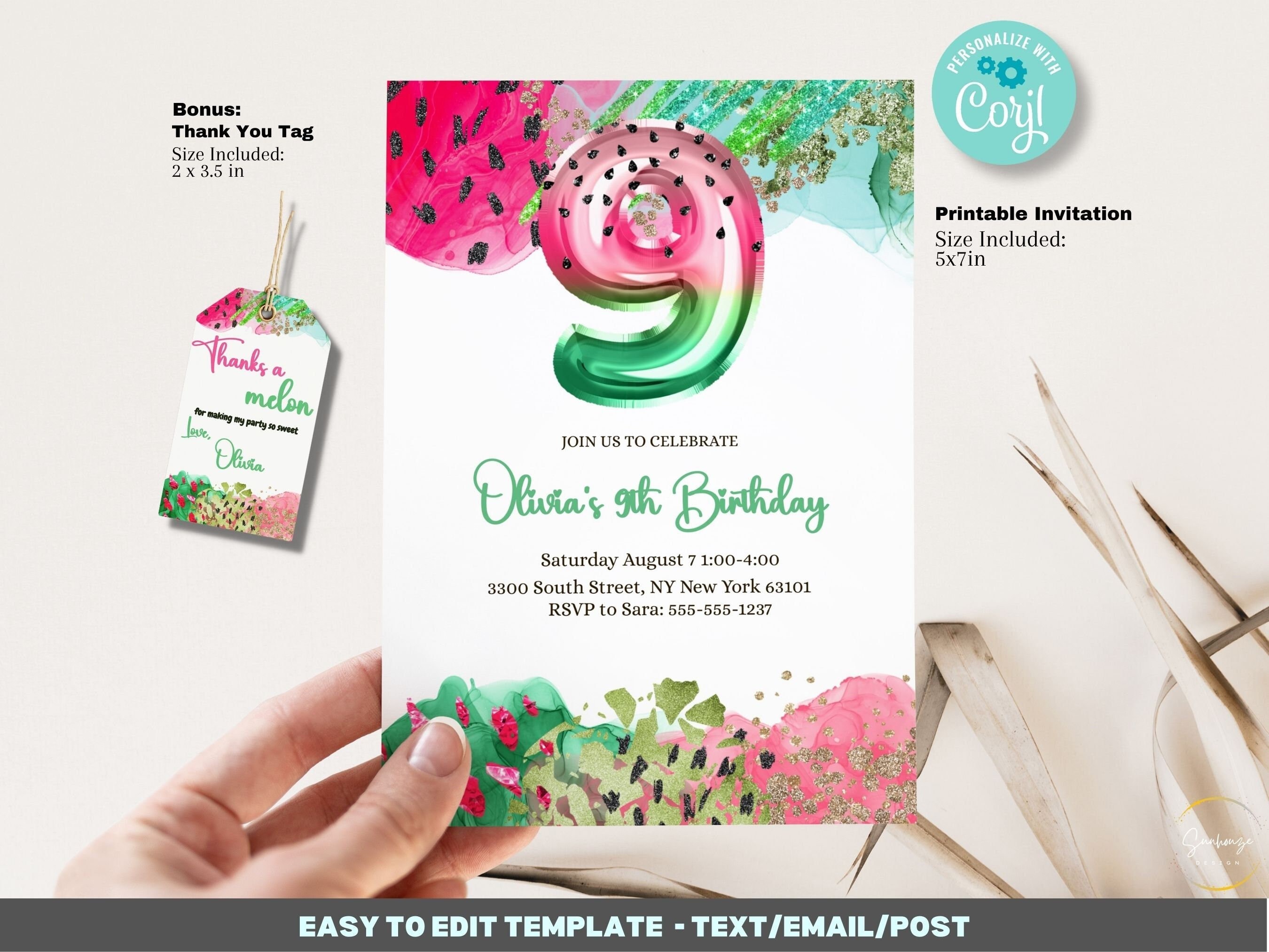 Watermelon Birthday Invitation, 9th Birthday Invitation Template ...