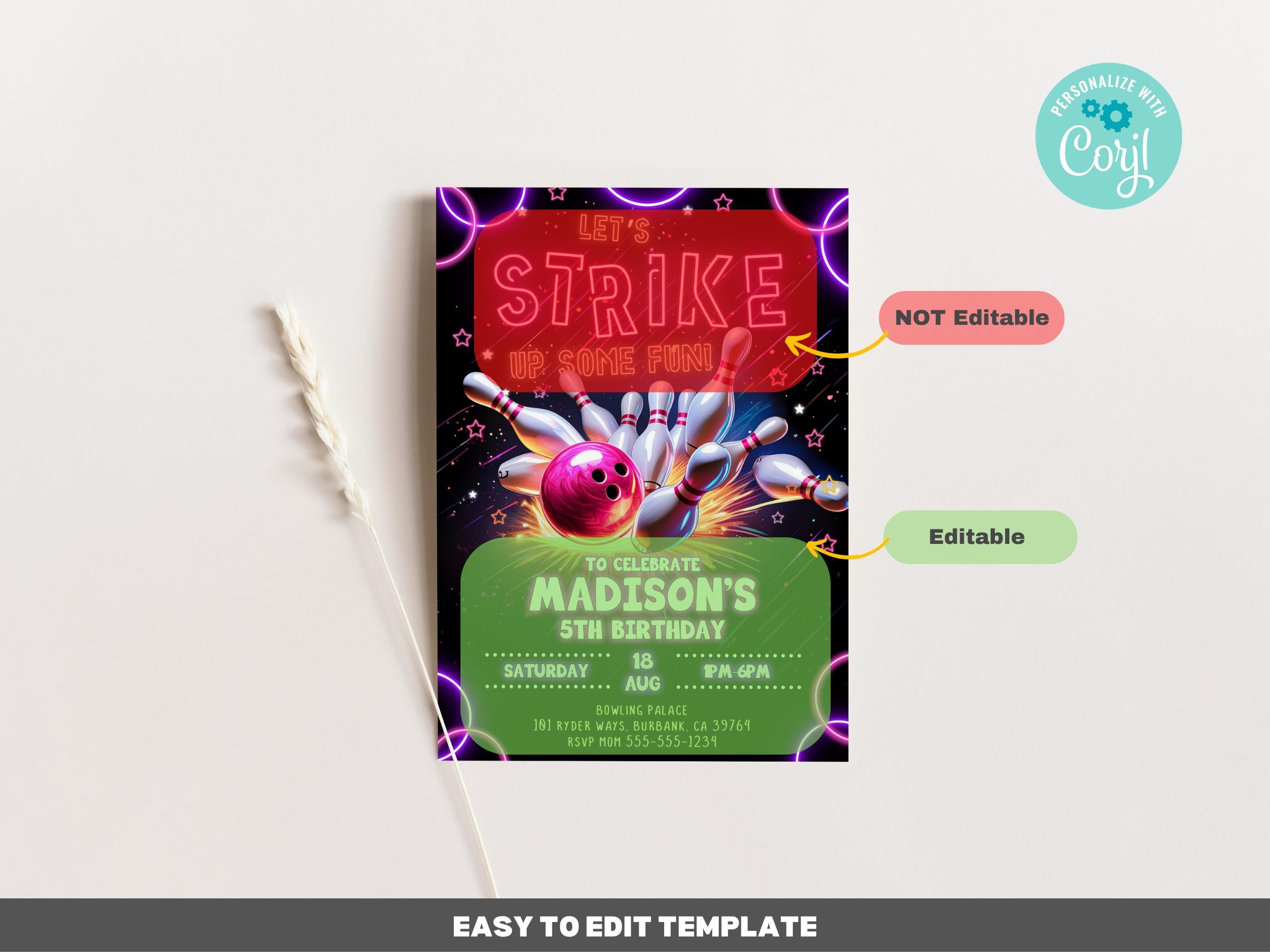 Editable Bowling Party Invitation Template, Neon Glow Bowling Birthday ...
