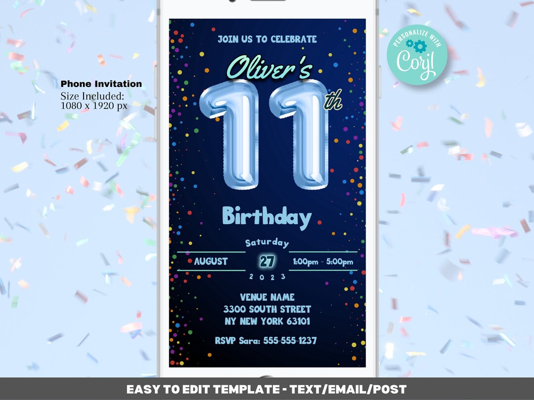 11th Birthday Invitation Template - Editable Template Digital Evite | Boys Blue Balloon Eleventh ...