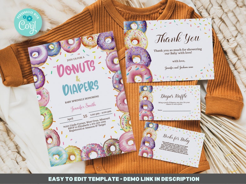 Editable Donuts and Diapers Baby Shower Invitation Template BUNDLE ...