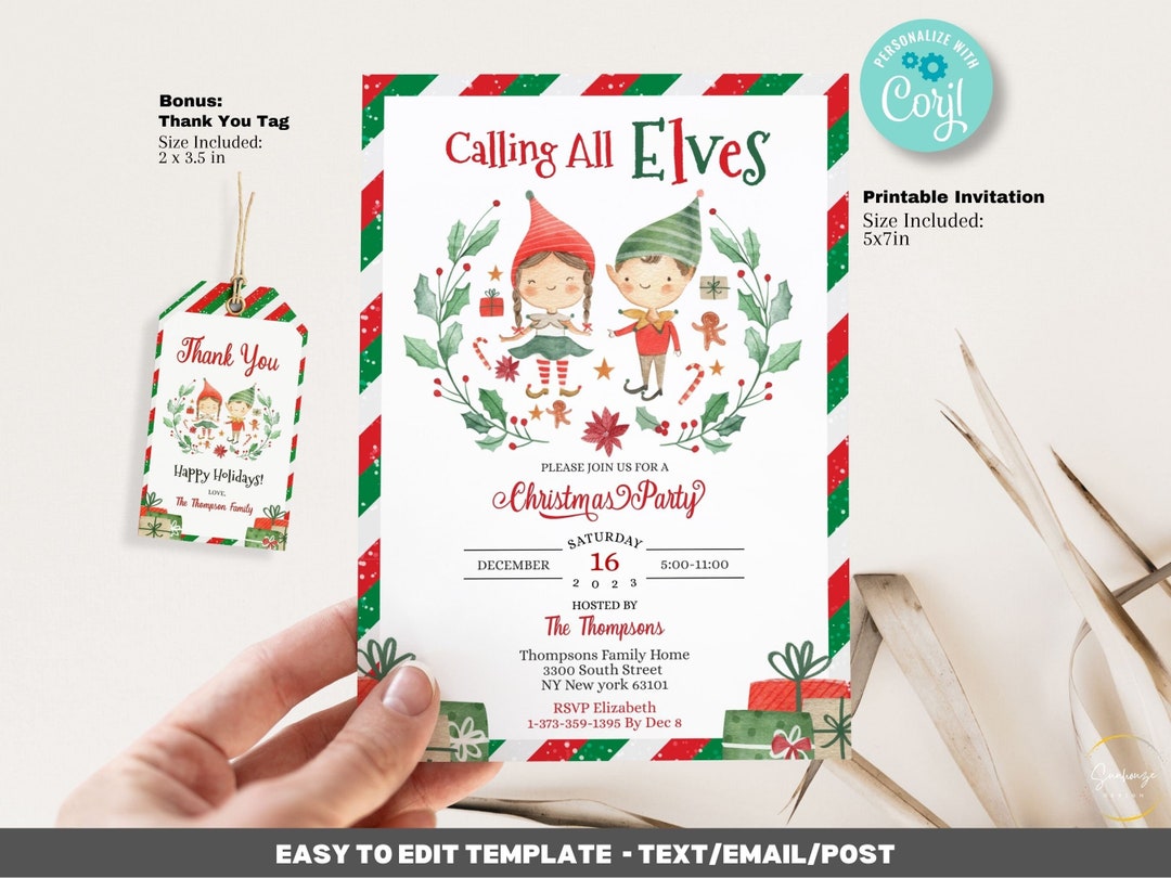 Editable Calling All Elves Invitation Template - Christmas Holiday ...