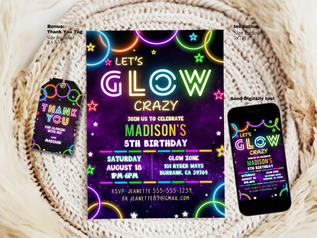 Editable Glow Party Birthday Invitation 5x7 Printable | Lets Glow Crazy ...
