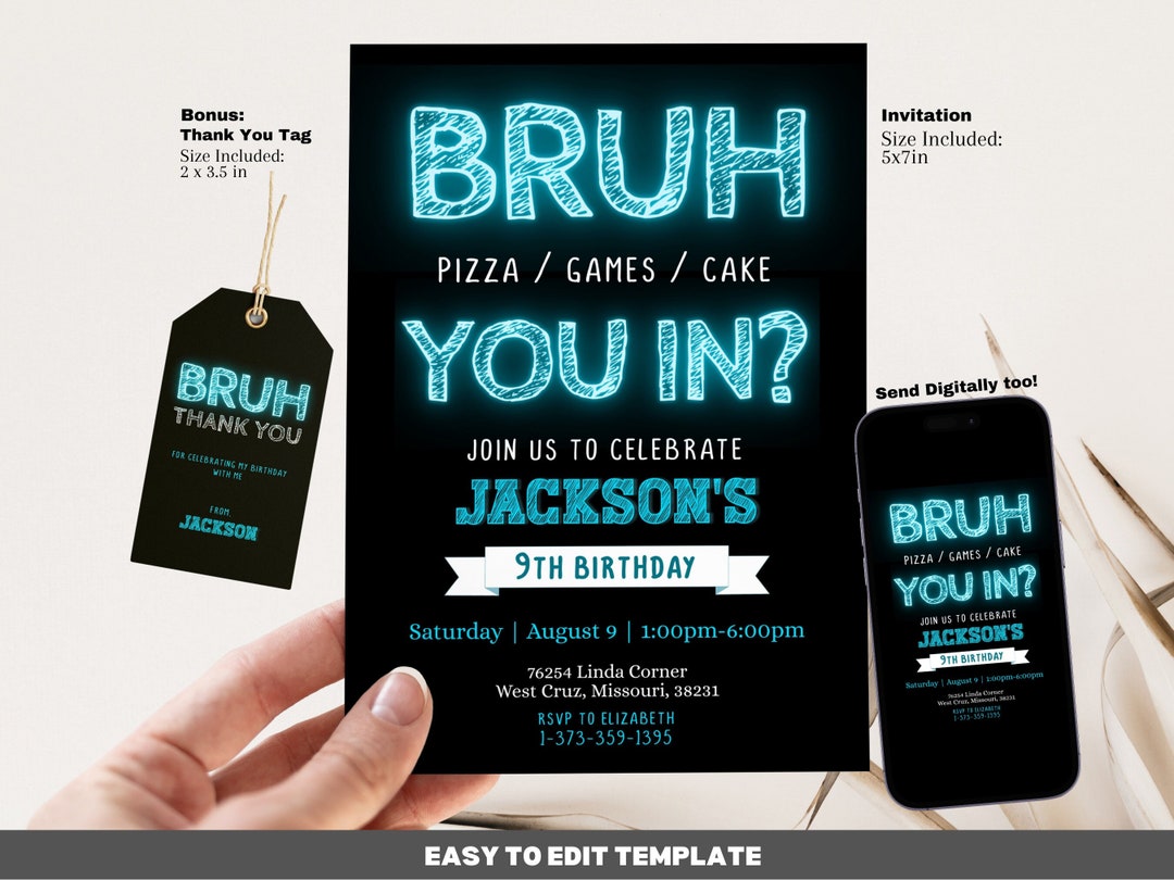 Editable Bruh Neon Birthday Invitation, Boy Birthday Party, Bruh You in ...