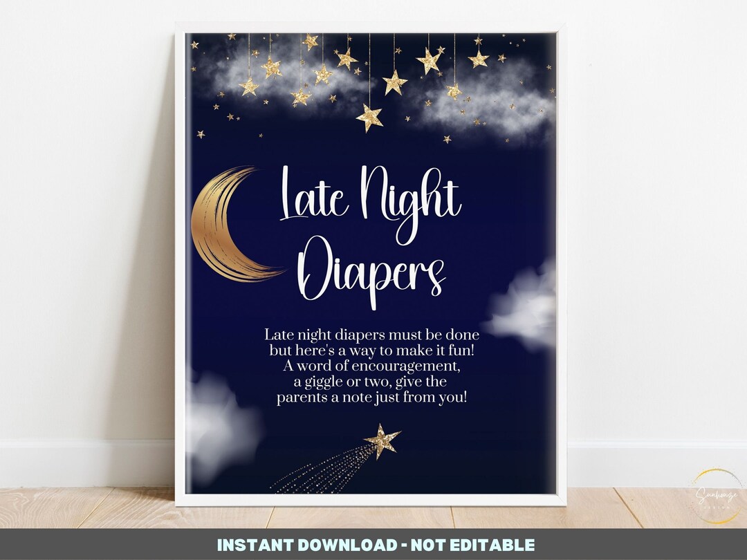 Twinkle Twinkle Little Star Baby Shower Late Night Diapers Sign - Moon ...