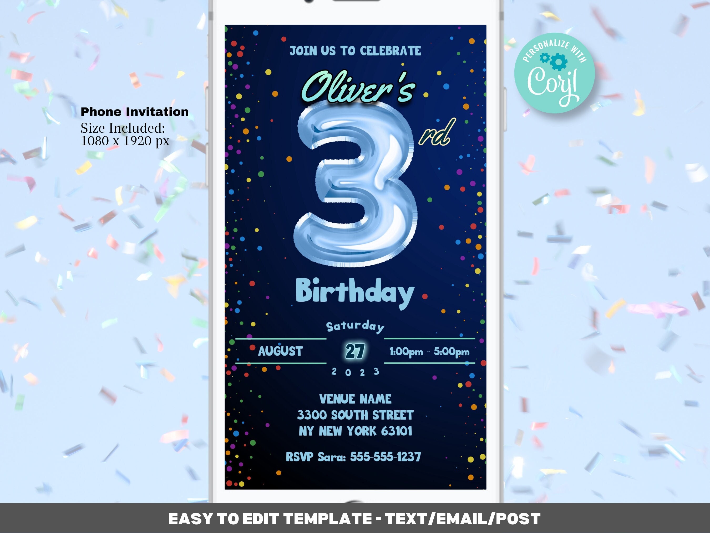 3rd Birthday Invitation Template - Editable Template Digital Evite ...