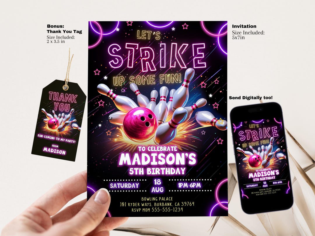 Editable Bowling Party Invitation Template, Neon Glow Bowling Birthday ...