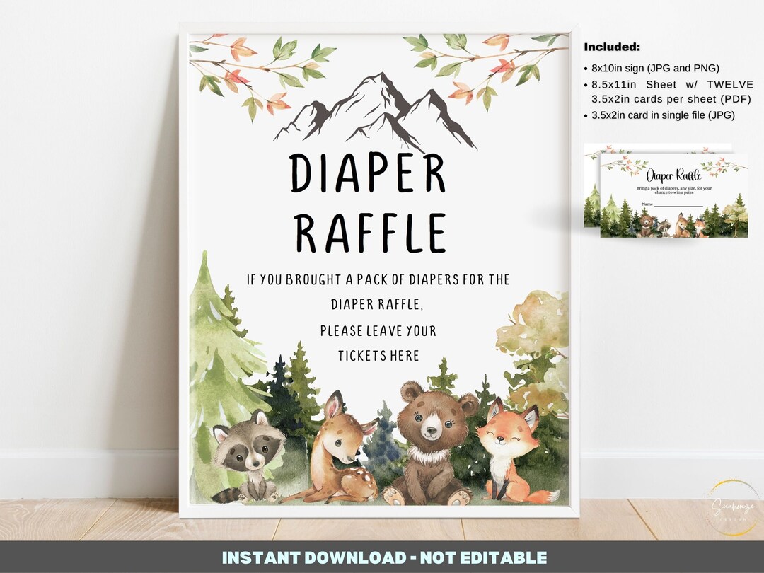 Woodland Diaper Raffle Sign - Adventure Awaits Baby Shower - Printable ...