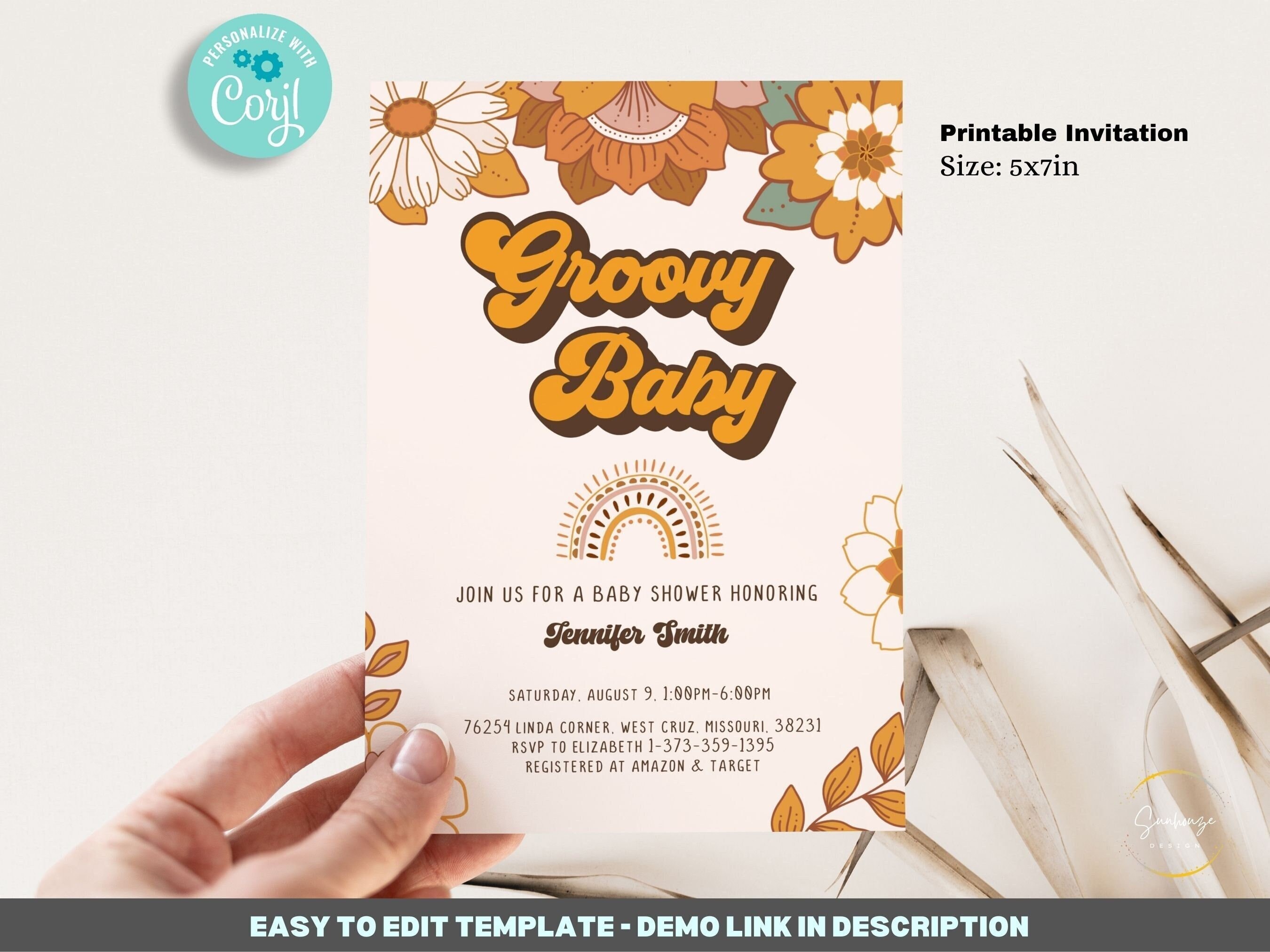 Editable Groovy Baby Shower Invitation Template, 70s Theme Baby Shower ...