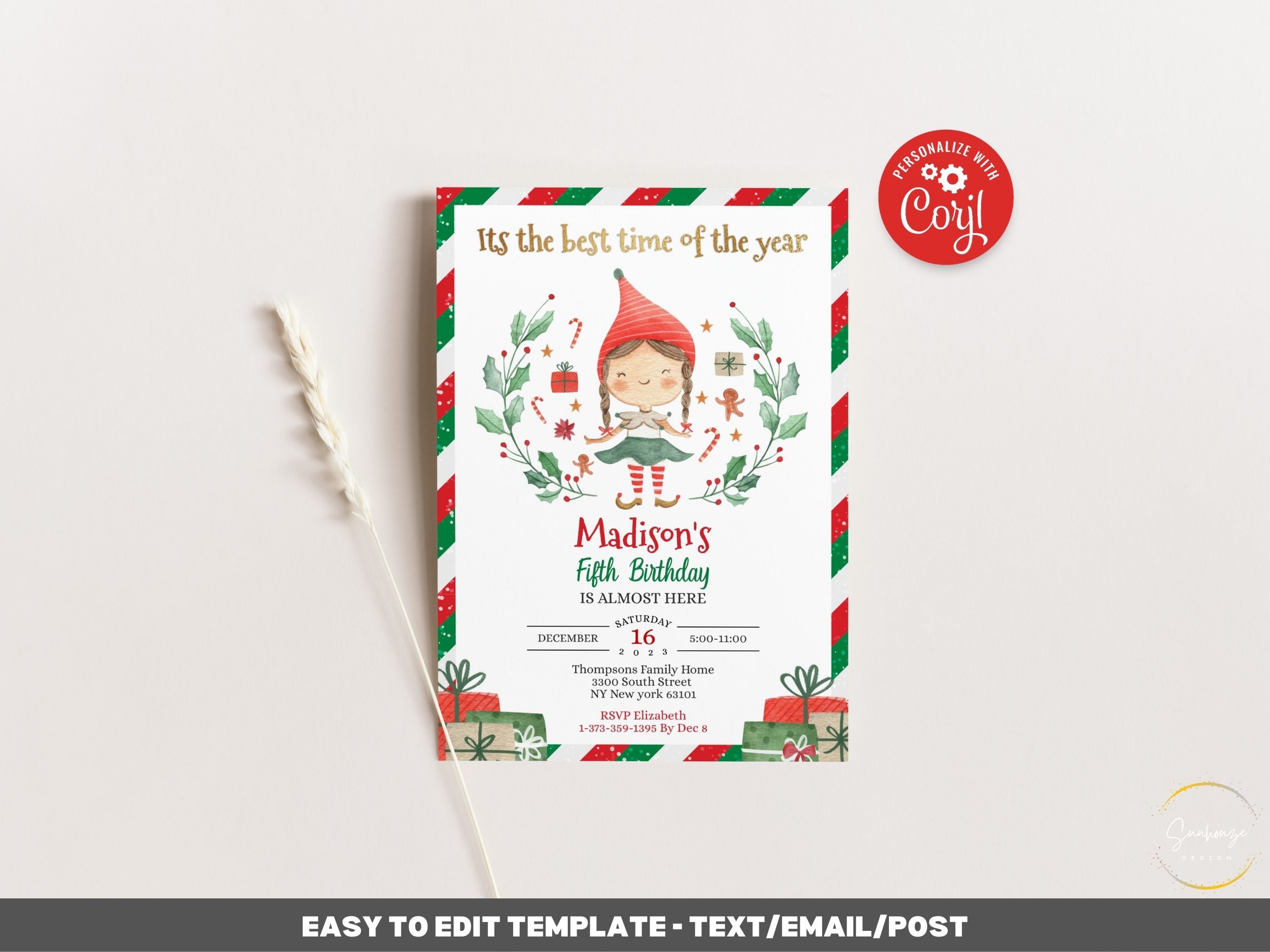 Editable Elf Birthday Invitation Template: Winter Party (5x7in, Thank ...