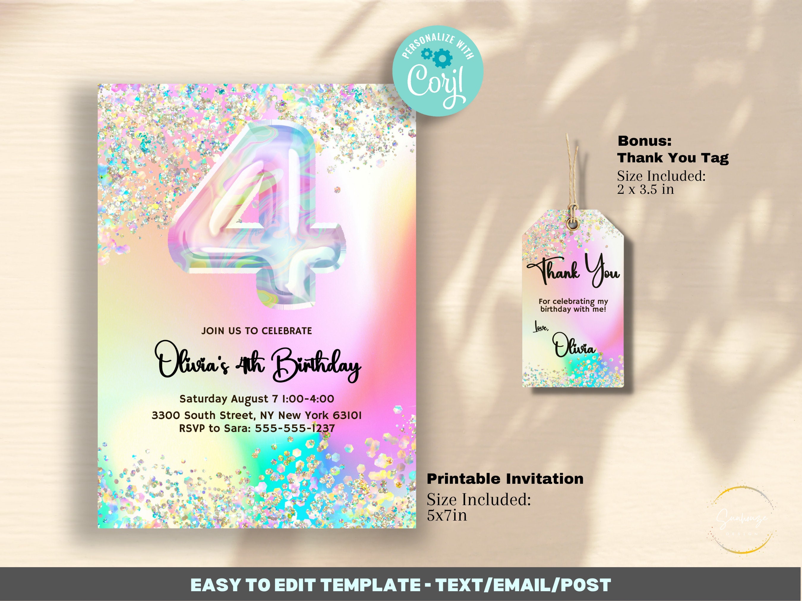 Editable 4th Birthday Invitation Template Printable, Glitter Iridescent ...