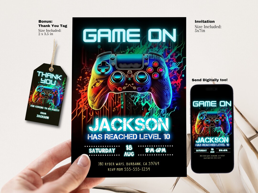 Editable Video Game Party Invitation - Neon Glow Gamer Birthday Party ...