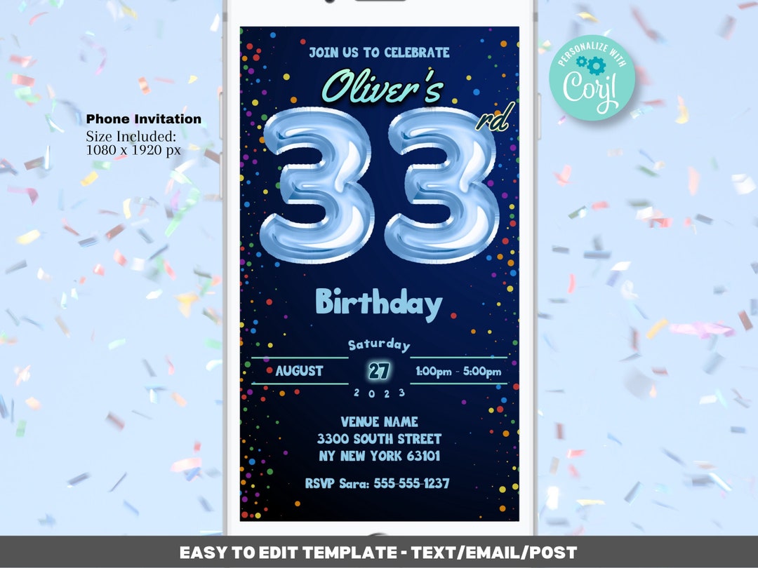 33rd Birthday Invitation Template - Editable Template Digital Evite ...