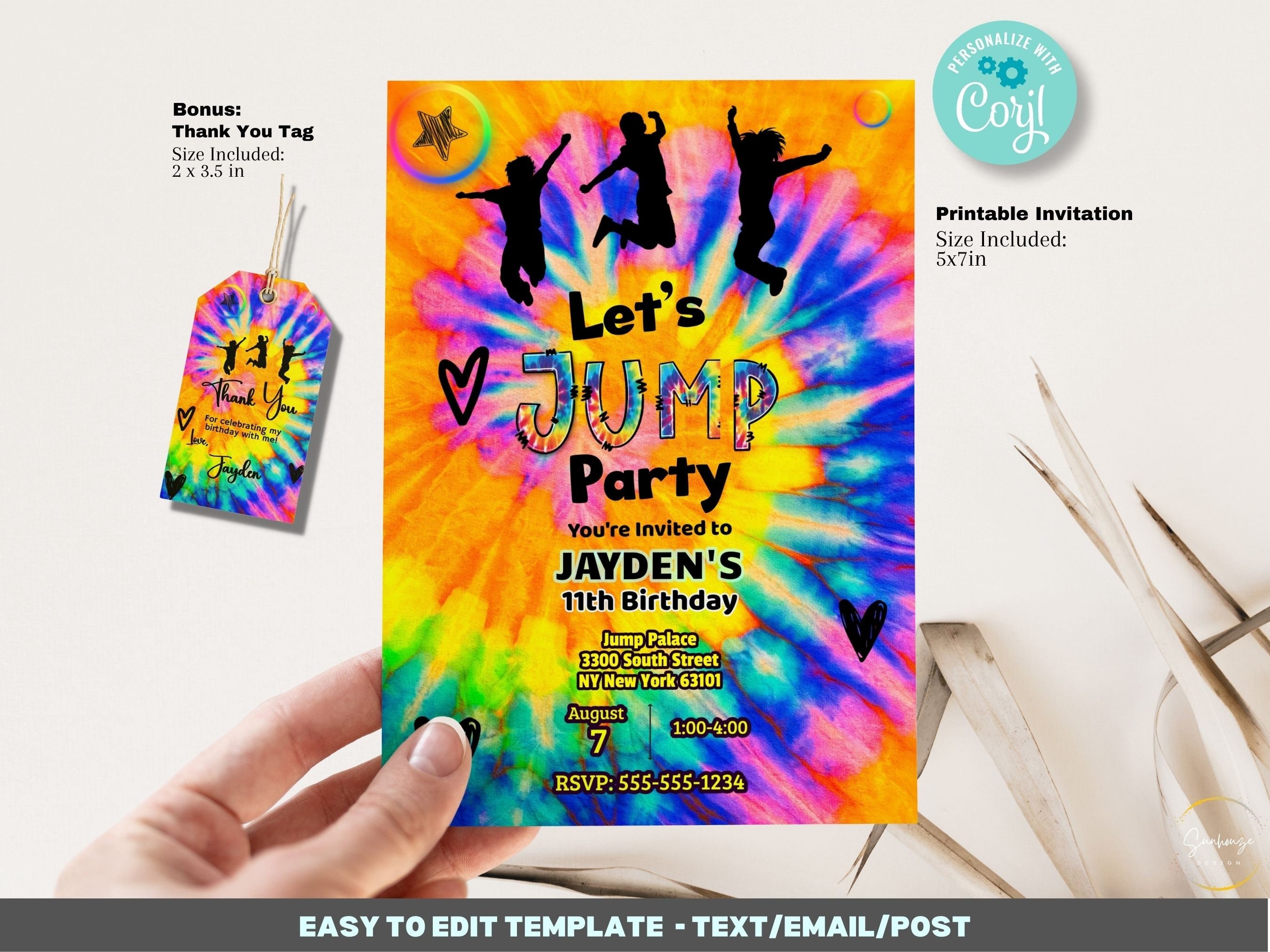 Editable Jump Birthday Invitation 5x7 Printable | Tie Dye Trampoline ...