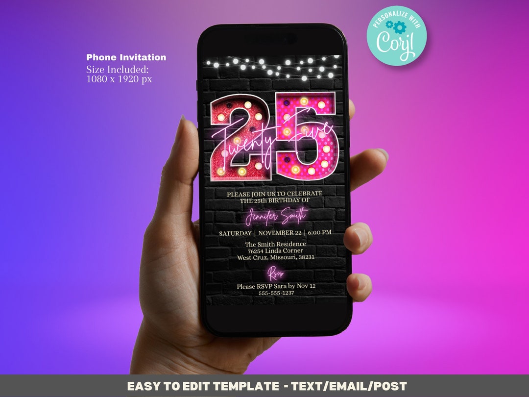 Editable 25th Birthday Invitation Template Digital Marquee Lights ...
